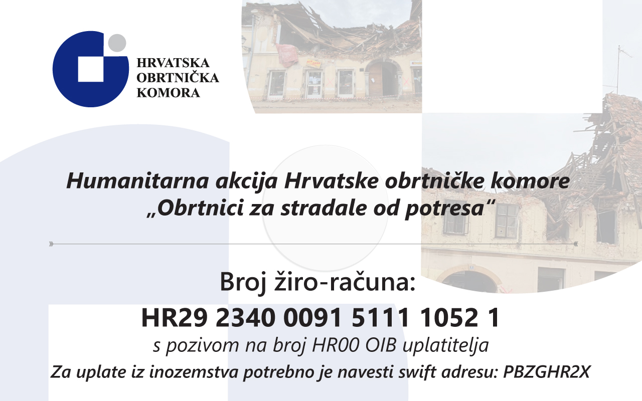Humanitarna akcija Hrvatske obrtničke komore Obrtnici za stradale od potresa
